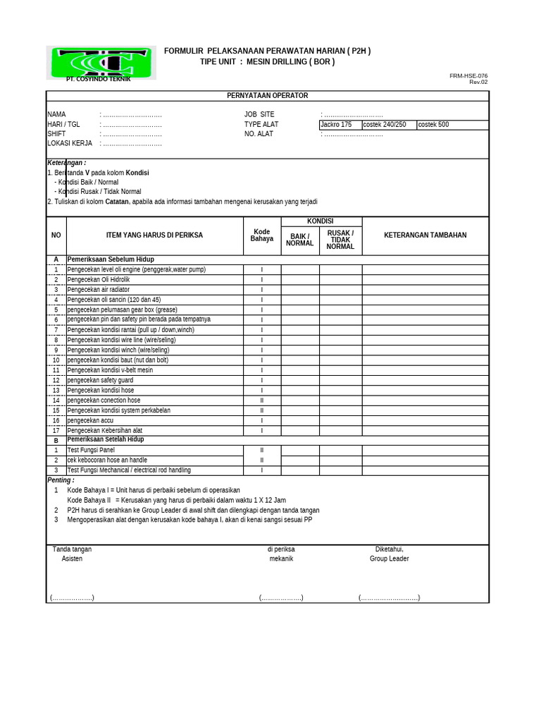 FORM-CT-026 - Form P2H Mesin Drilling | PDF