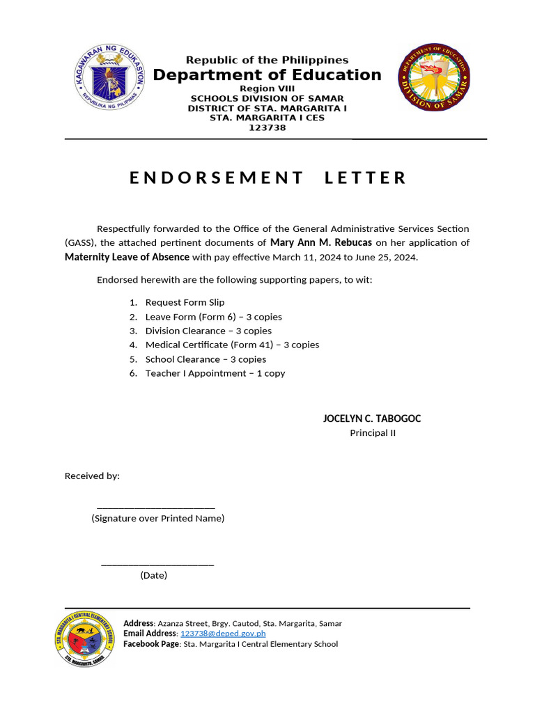 Endorsement Letter Maternity Leave 1 | PDF