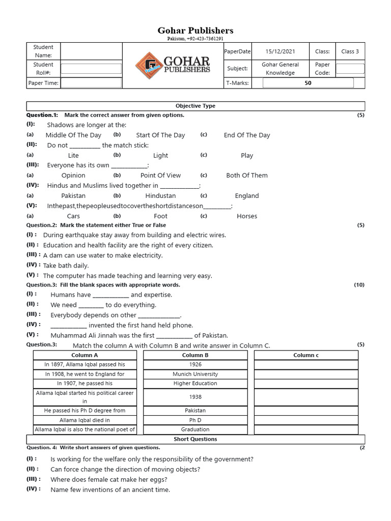 Gohar SNC GK Complete Book Model Paper Class 3 | PDF | Water | Habitat