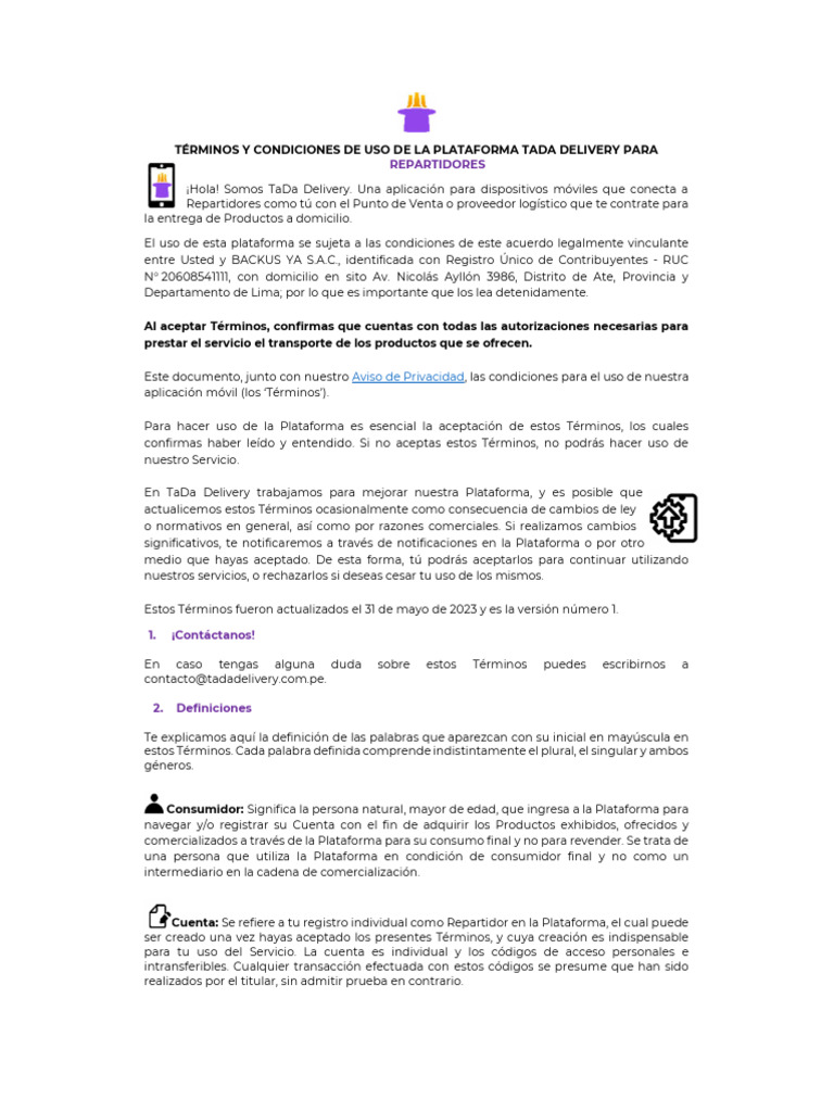 Terminos de Uso - TaDa Delivery Repartidor 1.0 | PDF