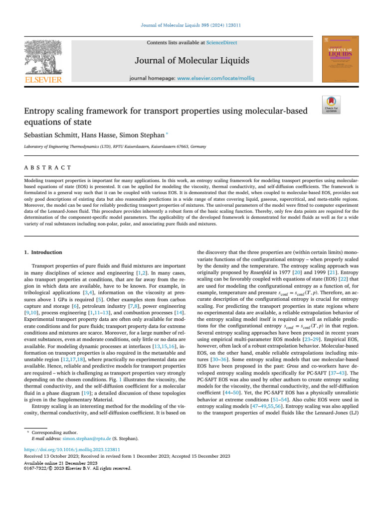 Schmitt - Entropy Scaling Framework For Transport Properties Using Molecular-Based Equations of ...