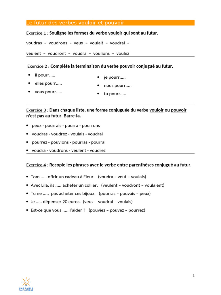 Le Futur Des Verbes Vouloir Et Pouvoir Pour La Classe | PDF