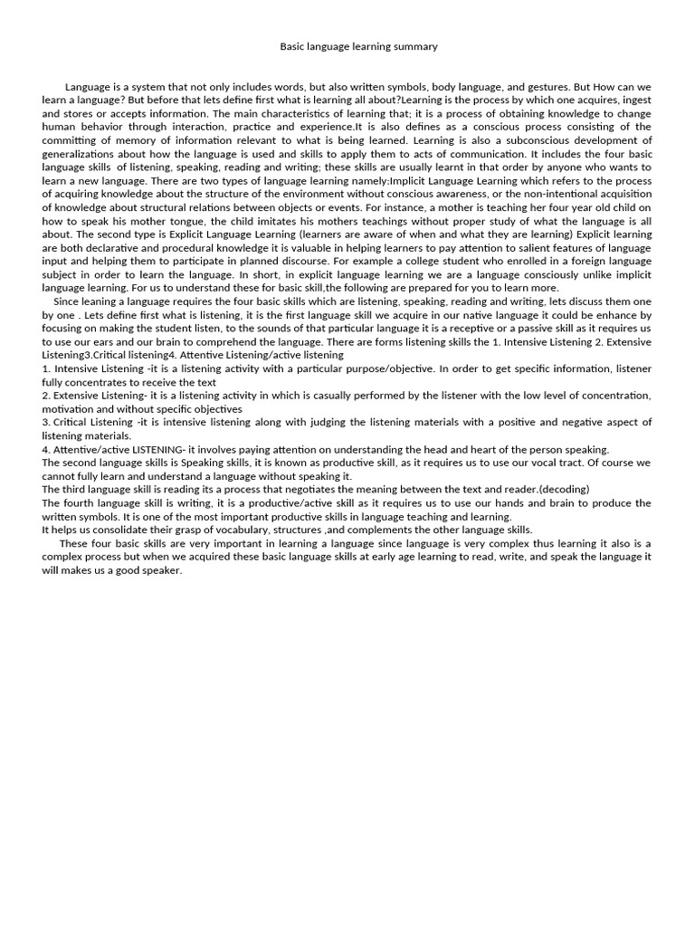 Basic Language Learning Summary Pdf