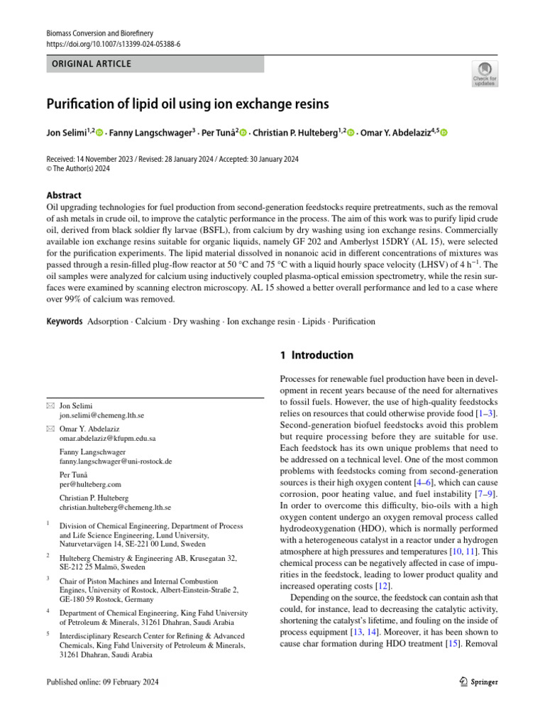 Purification of Lipid Oil Using Ion Exchange Resins | PDF