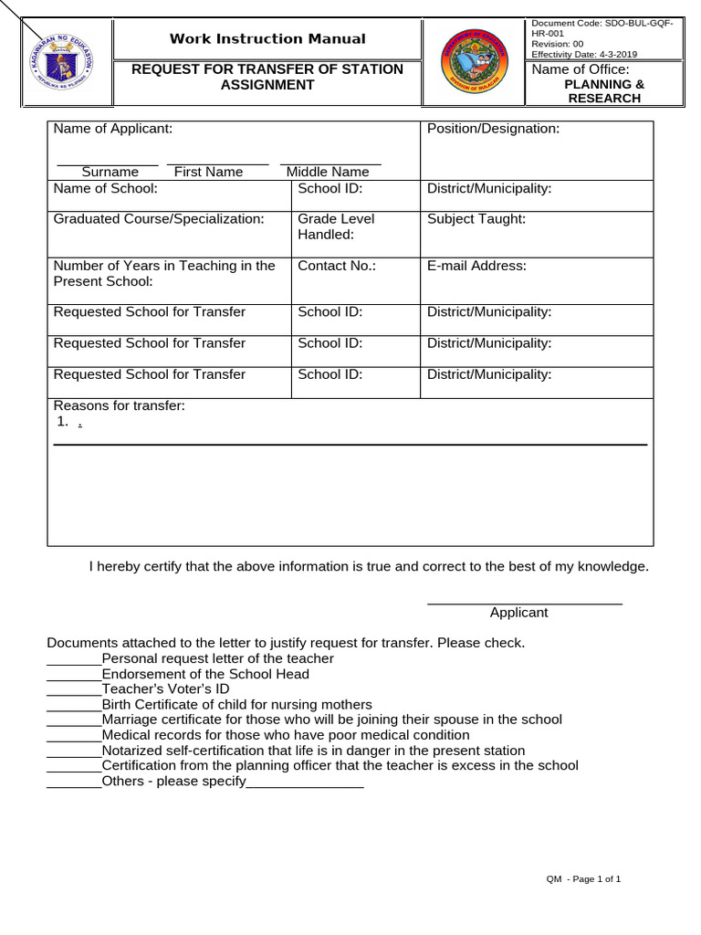 Request For Transfer Of Station Assignment Form Pdf