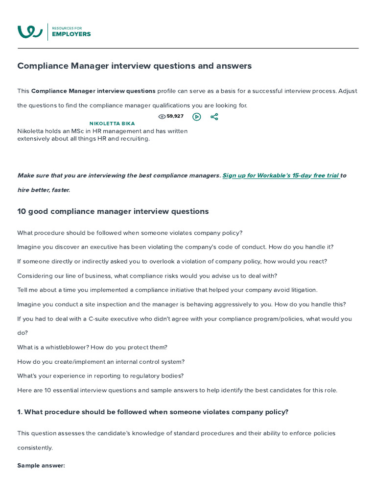 10+ Proven Compliance Manager Interview Questions [+Answers] | PDF