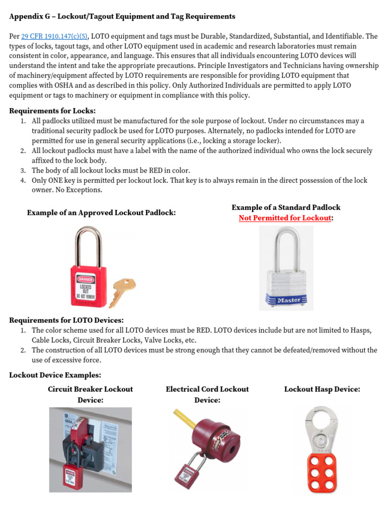 Appendix G - LockoutTagout Equipment and Tag Requirements | PDF