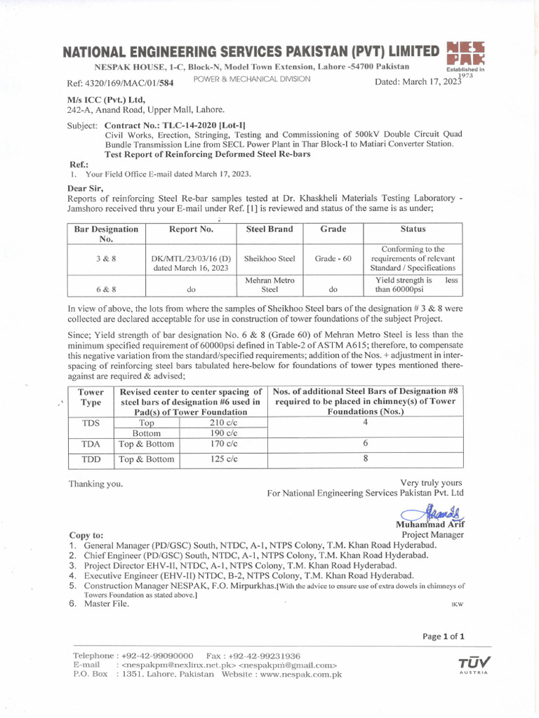 Letter No. 584-Test Report of Reinforcing Deformed Steel Re-Bars | PDF