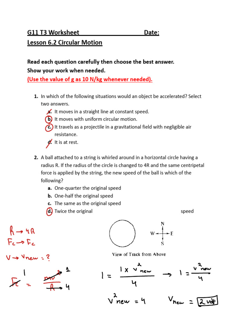 G11 T3 Lesson 6.2 Circular Motion Worksheet (23-24) | PDF