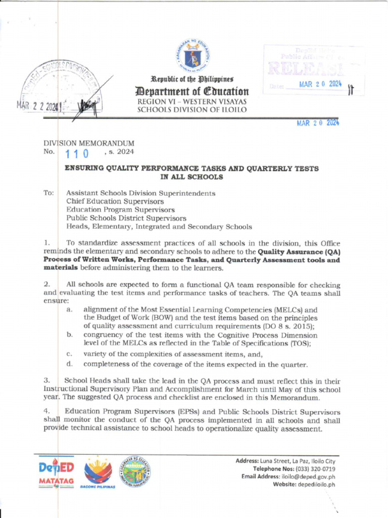 SDM No. 110 S. 2024 Ensuring Quality Performance Tasks and Quarterly ...