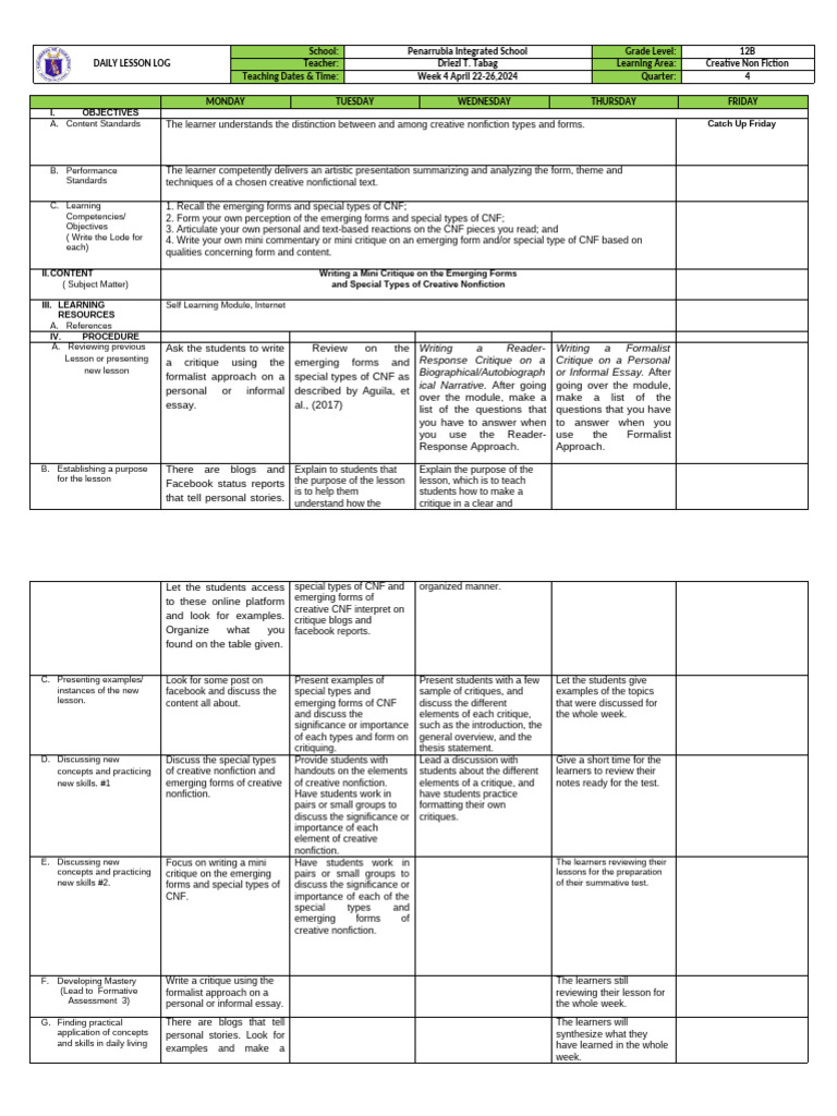 Creative Non Fiction DLL Week 4 | PDF