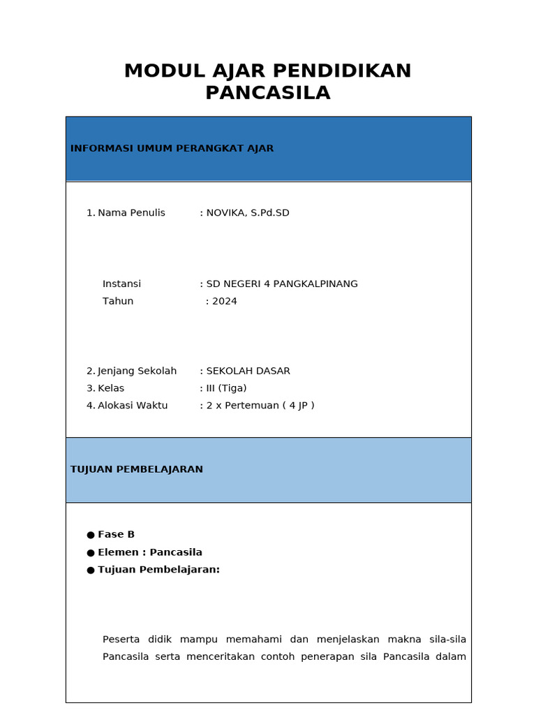 MODUL AJAR PANCASILA KELAS 3_Oke | PDF