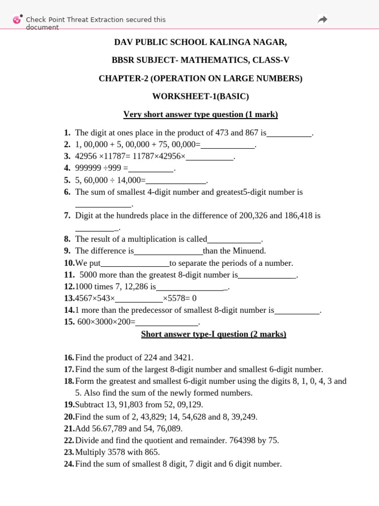 Class 5 Four Operation Math Worksheet | PDF