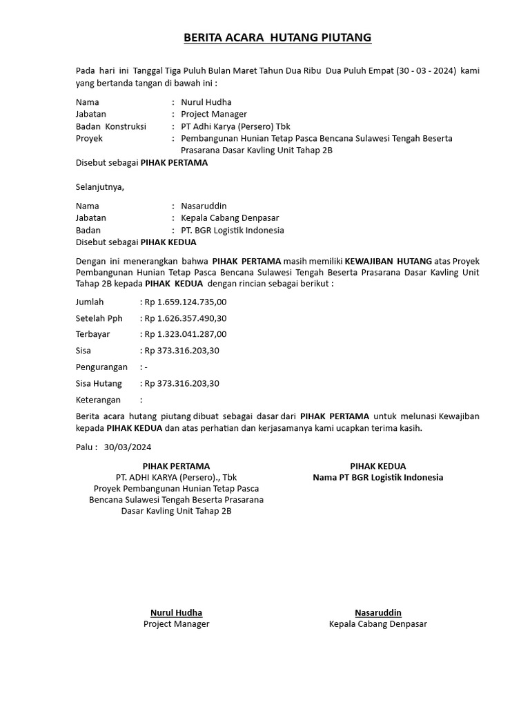 Berita Acara Hutang Piutang Huntap Palu | PDF
