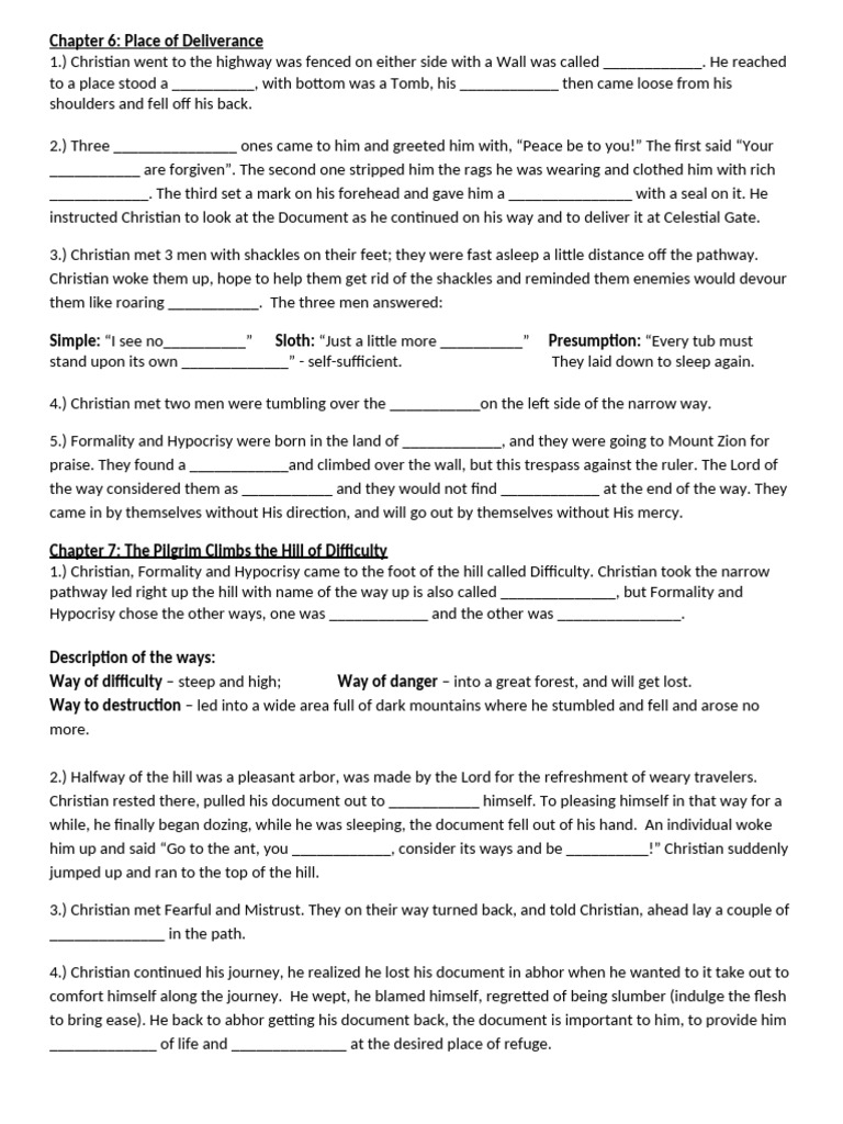Pilgrim Progress Chapter 6 and 7, Fill in The Blanks | PDF