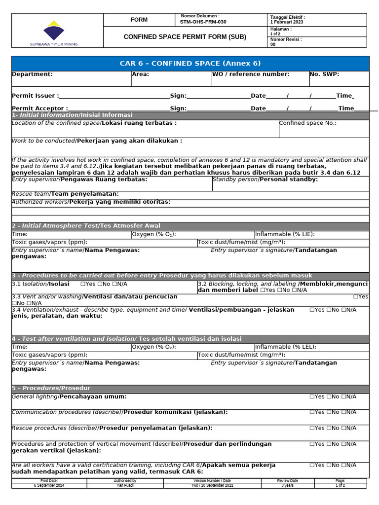 Final STM-OHS-FRM-030-A6 - Confined Space Permit Form | PDF