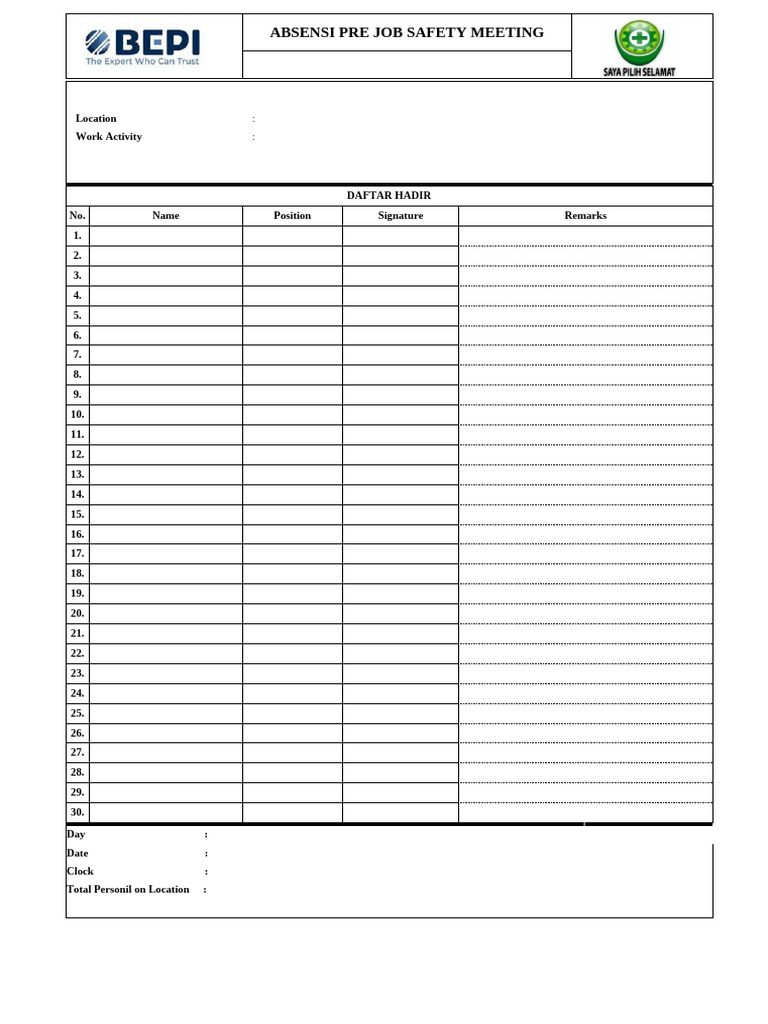 001 FR Bepi Absensi PJSM | PDF