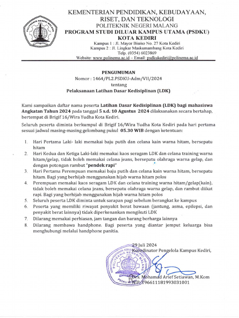 Pengumuman Nomor 1464 Tentang LDK PSDKU KEDIRI | PDF
