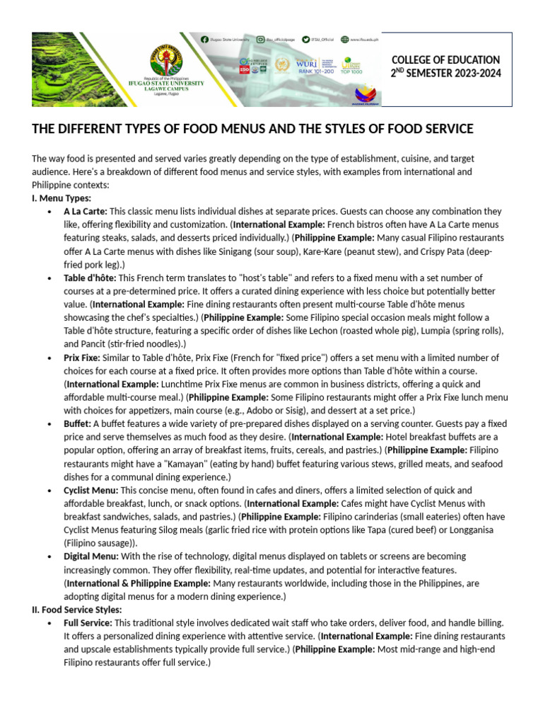 10 The Different Types of Food Menus and The Styles of Food Service ...