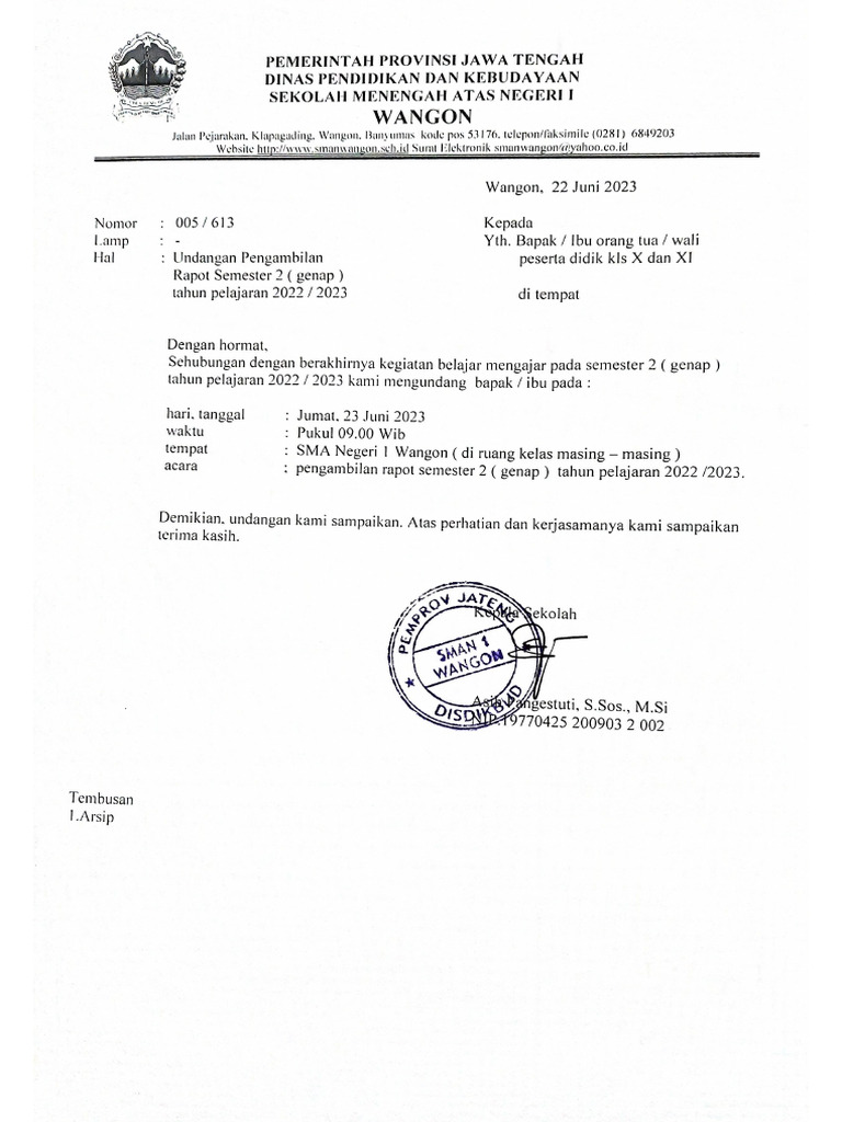 Surat Undangan Pengambilan Rapot | PDF