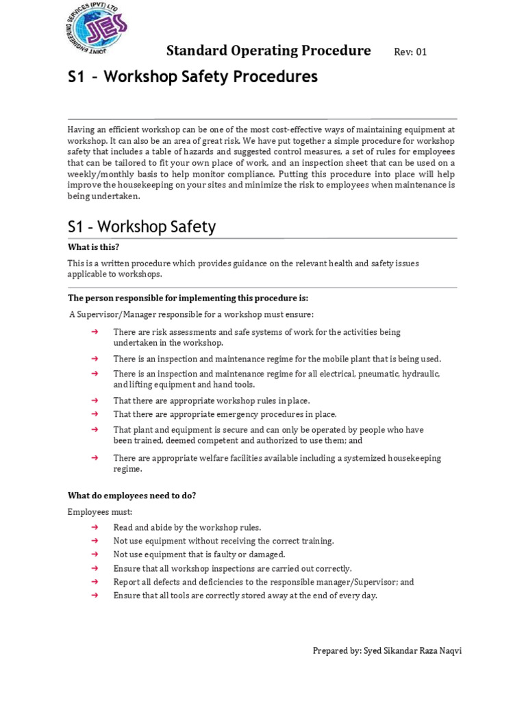 WorkShop Safety (SOP) | PDF