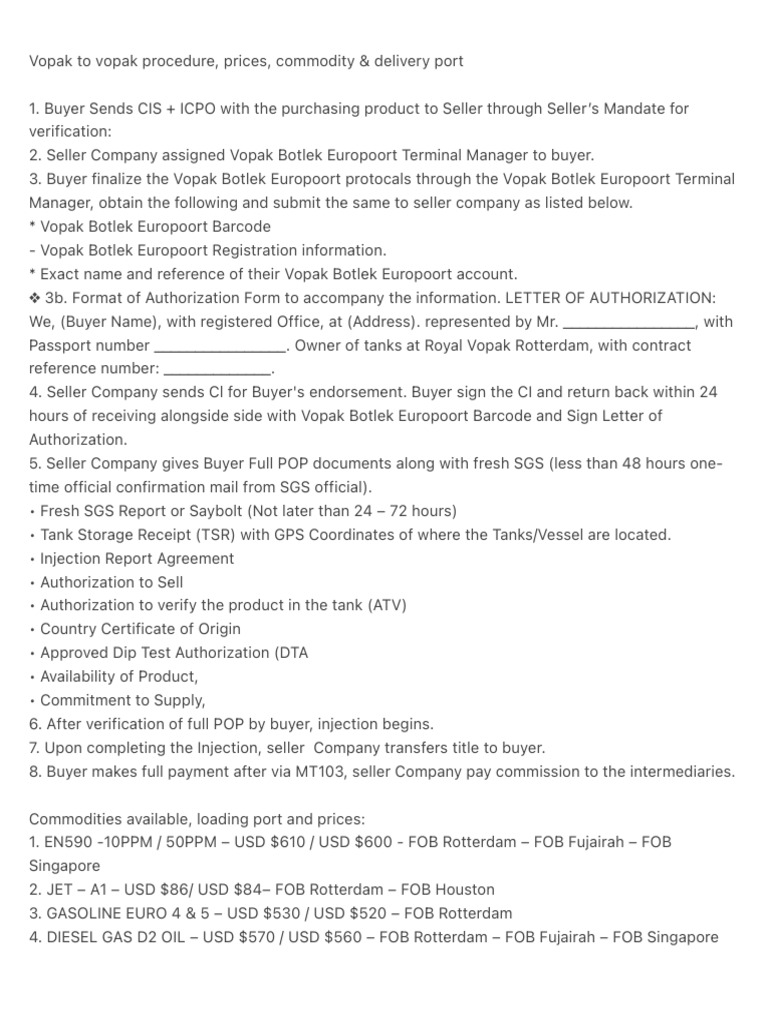 Vopak To Vopak Procedure, Prices, Commodity & Delivery Port | PDF