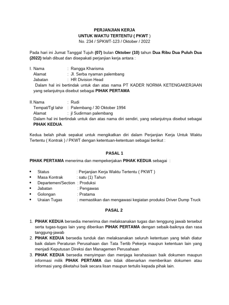 CONTOH PERJANJIAN PKWT | PDF