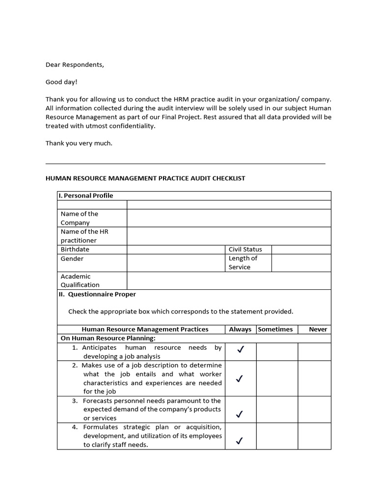 HRM Practice Audit Checklist | PDF