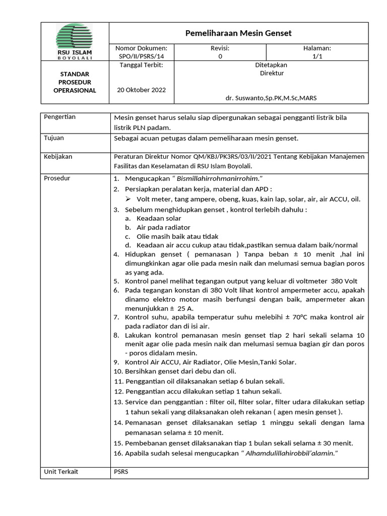SPO PSRS 14 Pemeliharaan Mesin Genset | PDF