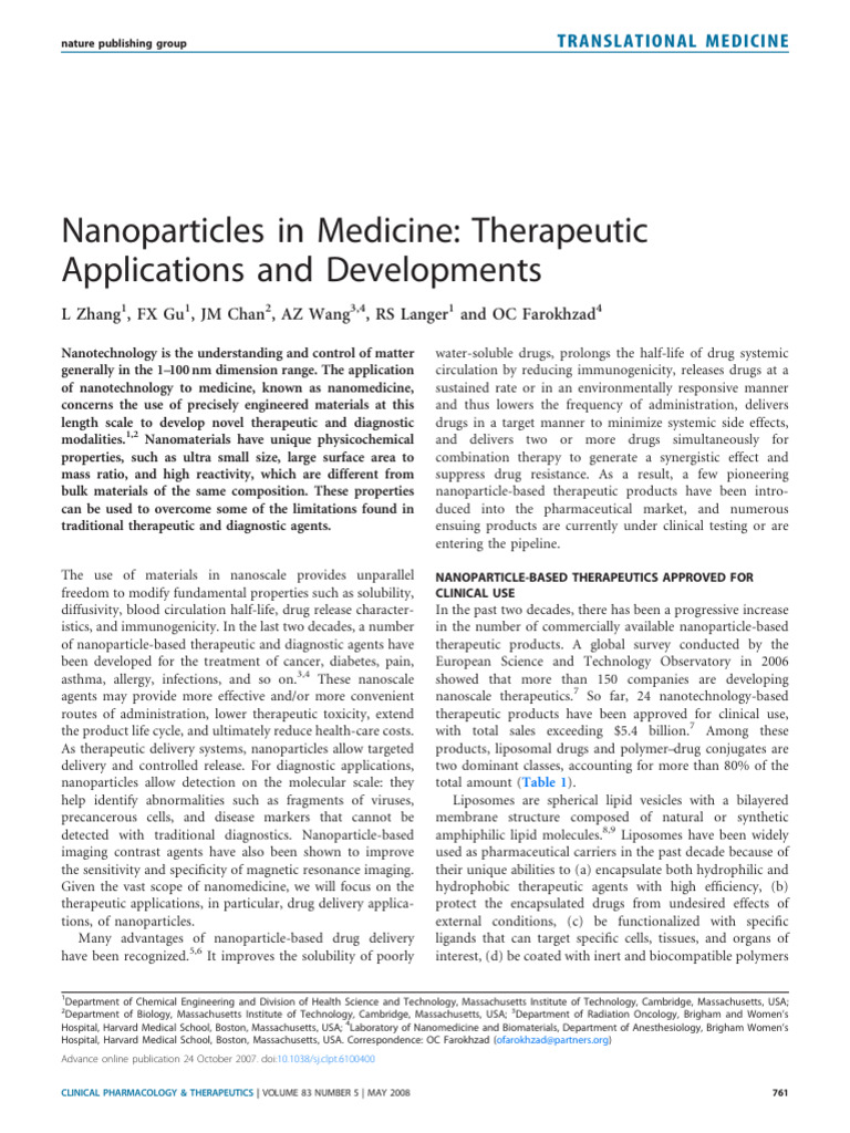 L Zhang Nanoparticles in Medicine Therapeutic | PDF