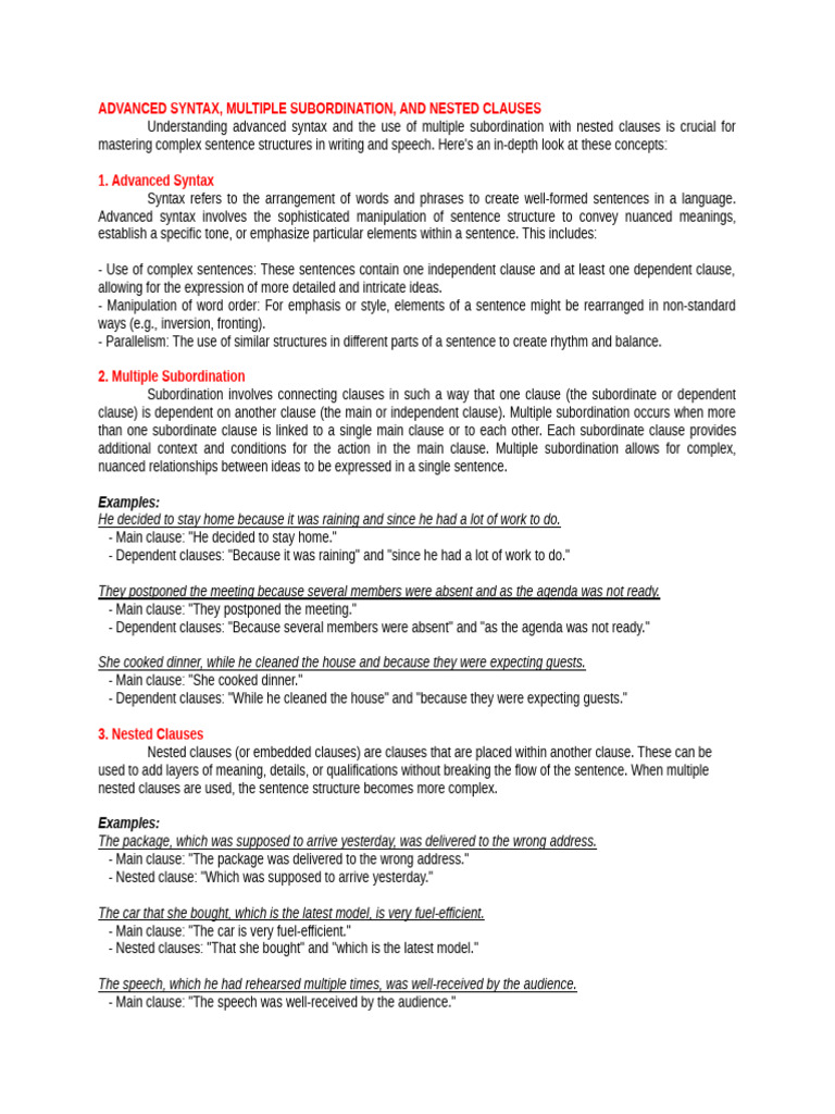 Advanced Syntax, Multiple Subordination and Nested Clauses | PDF