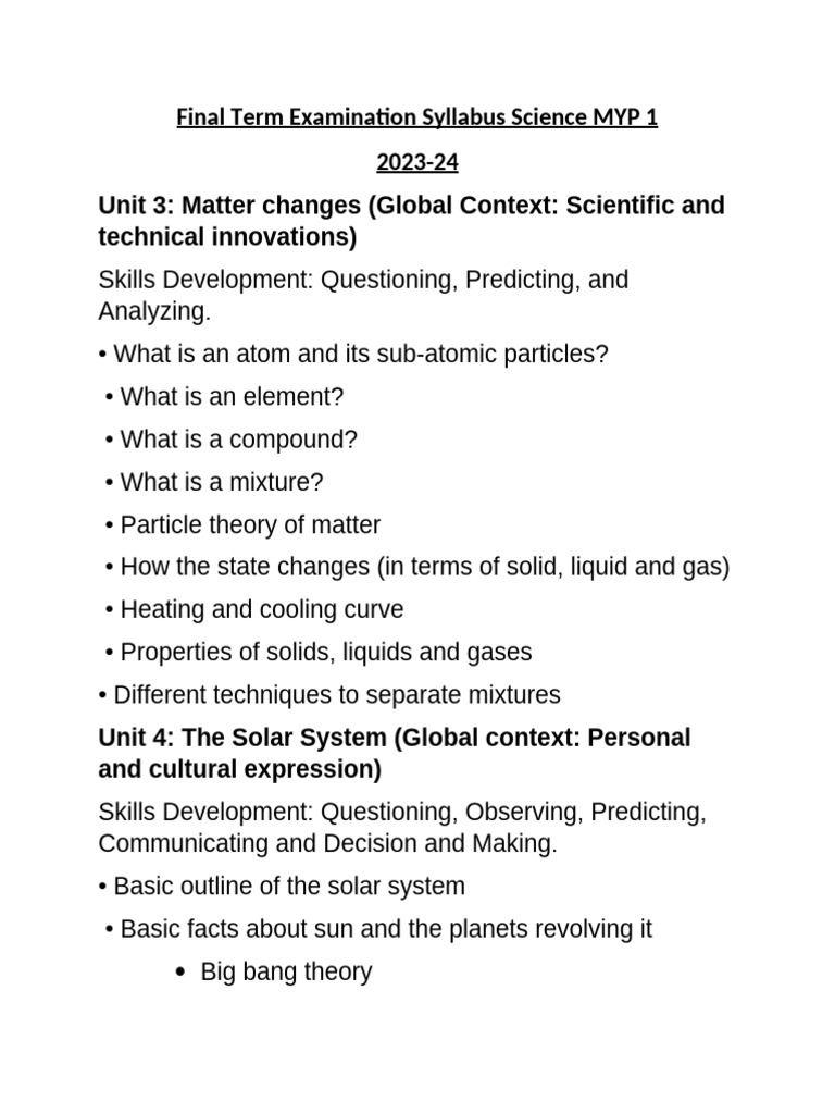 Final Term Examination Syllabus Science MYP 1 | PDF