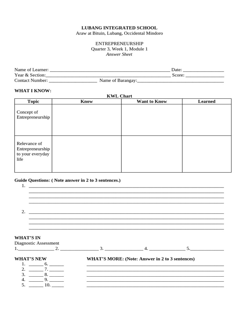 Answer Sheet Week 1 | PDF