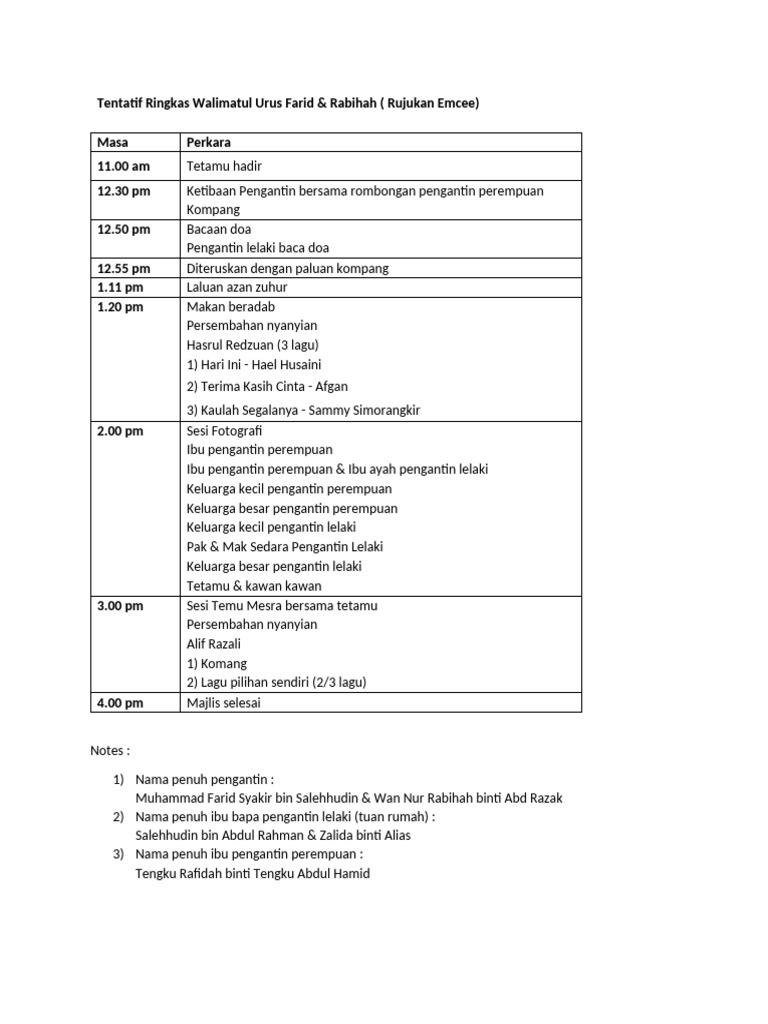 Tentatif Ringkas Walimatul Urus Farid | PDF