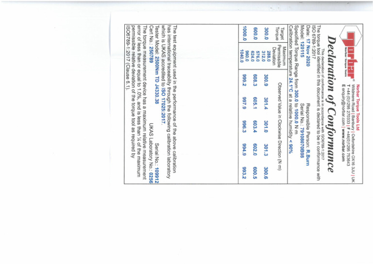 Torque Wrench Cal Cert | PDF