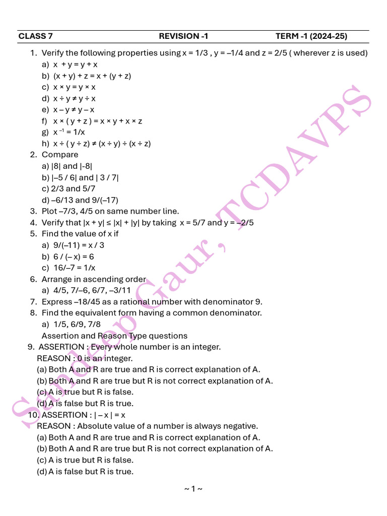 Class 7 Revision Test 1 Exercises | PDF | Numbers | Teaching Methods ...