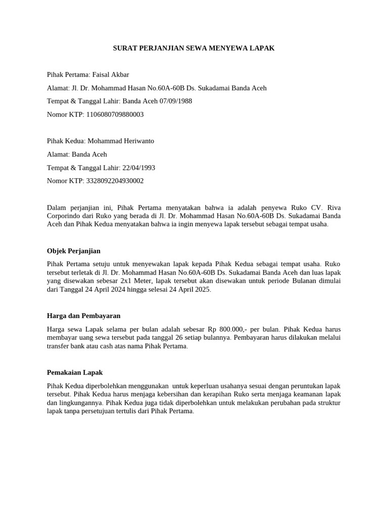 SURAT-PERJANJIAN-SEWA-MENYEWA-LAPAK | PDF