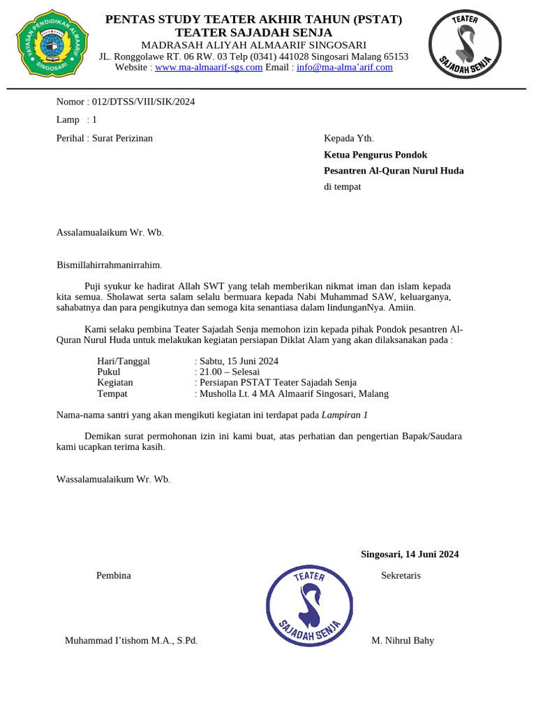 Surat Izin Pondok | PDF