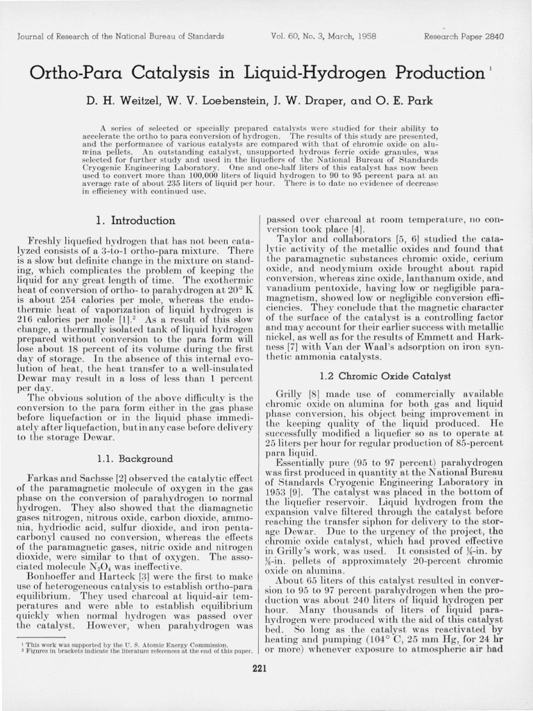 Ortho & para Hydrogen Catalyst Paper - 1958 | PDF