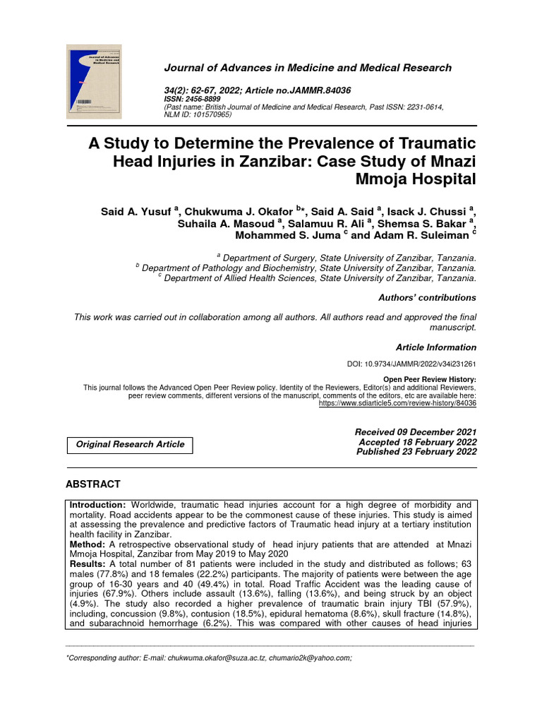 A - Study - To - Determine - The - Prevalence - of - Traumatic Head Injuries in Zanzibar. Case ...