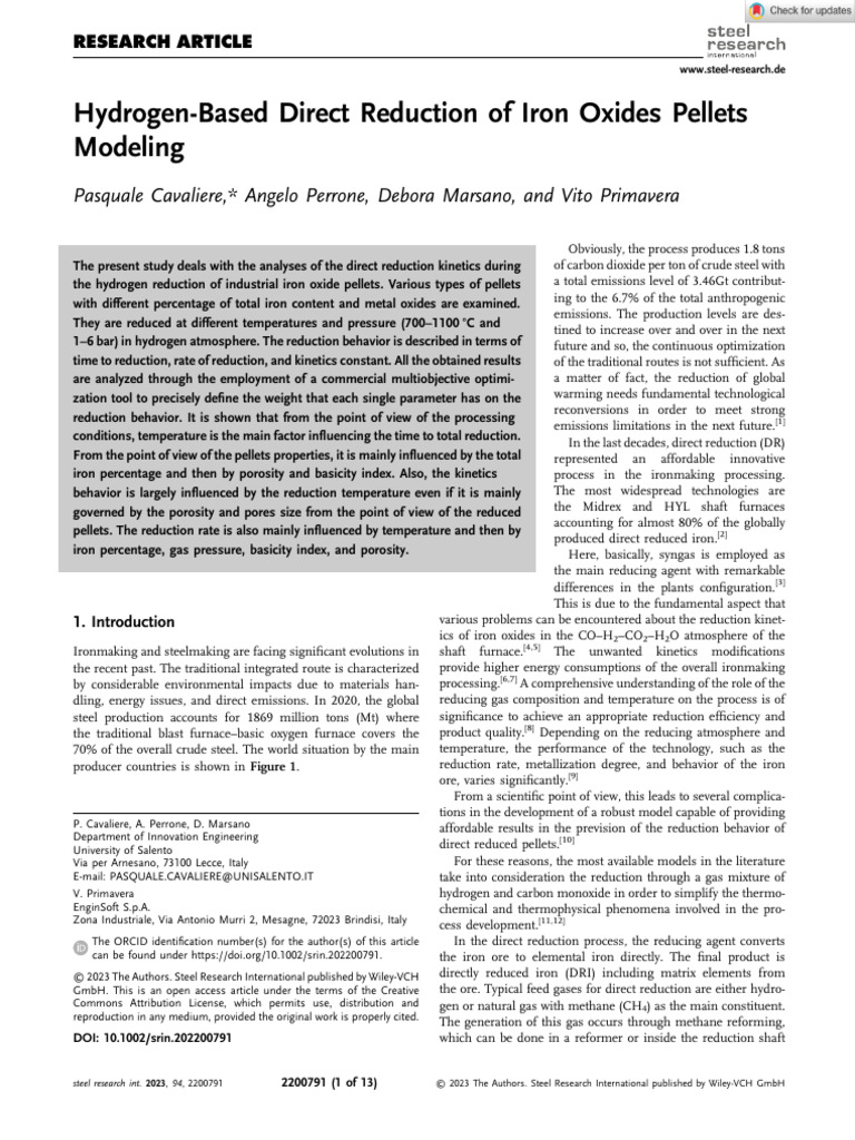 Cavaliere - Hydrogen Based Direct Reduction of Iron Oxides Pellets Modeling | PDF