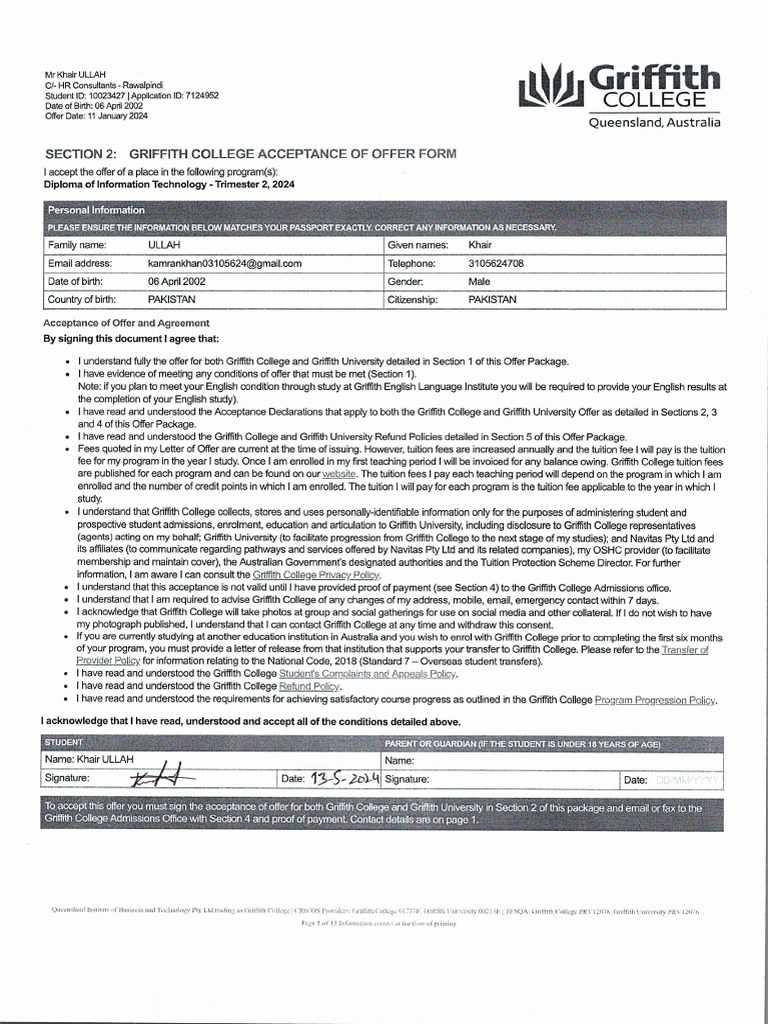 Khair Ullah Acceptance Form | PDF