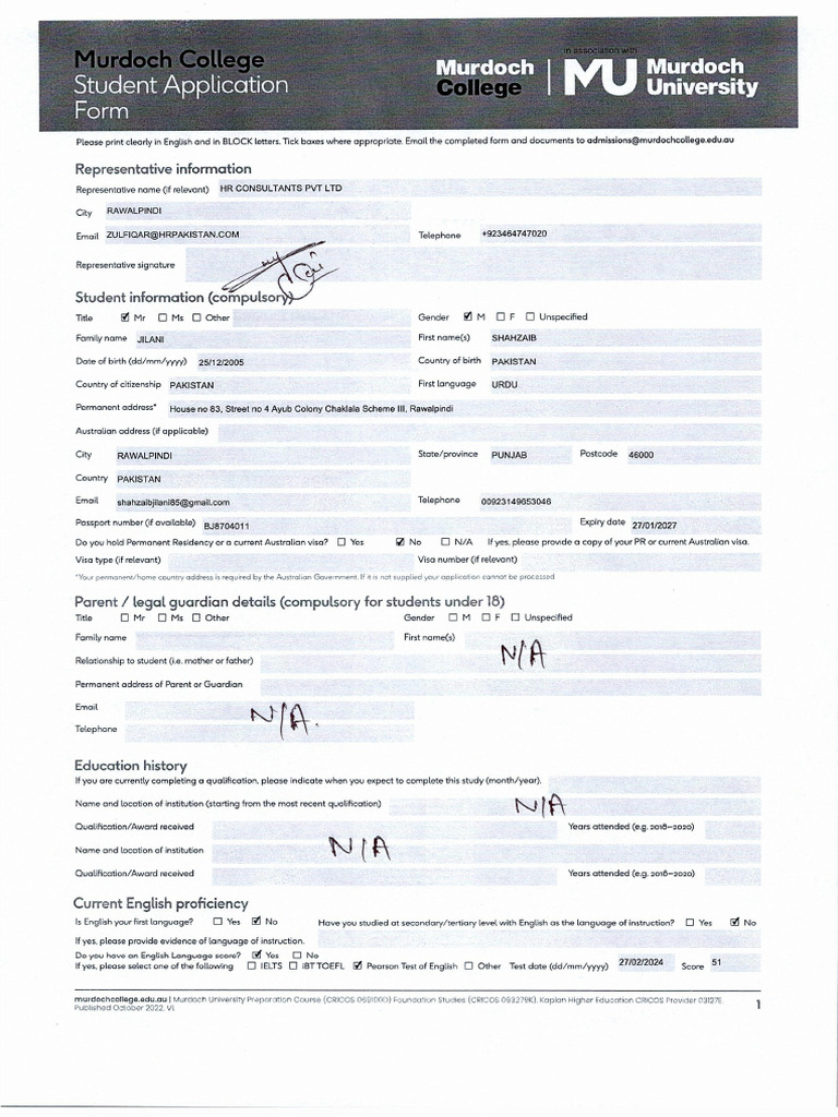 Murdoch College Student Application Form - Shahzaib Jilani | PDF