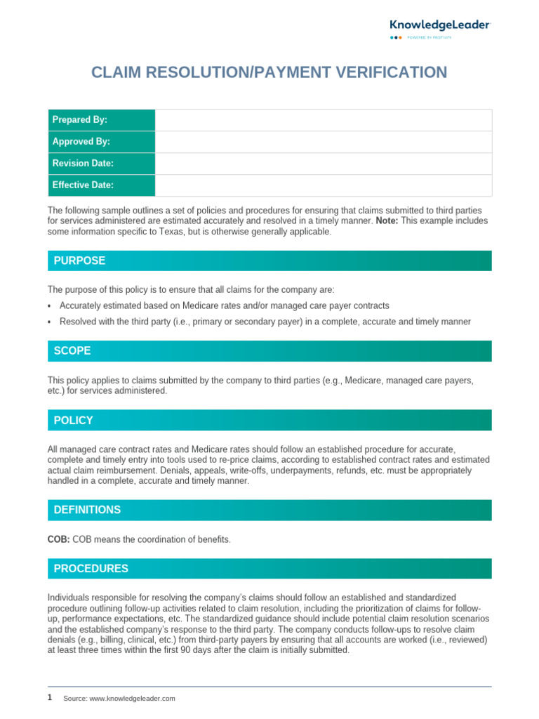 Claim Resolution Payment Verification Policy | PDF | Medicare (United ...