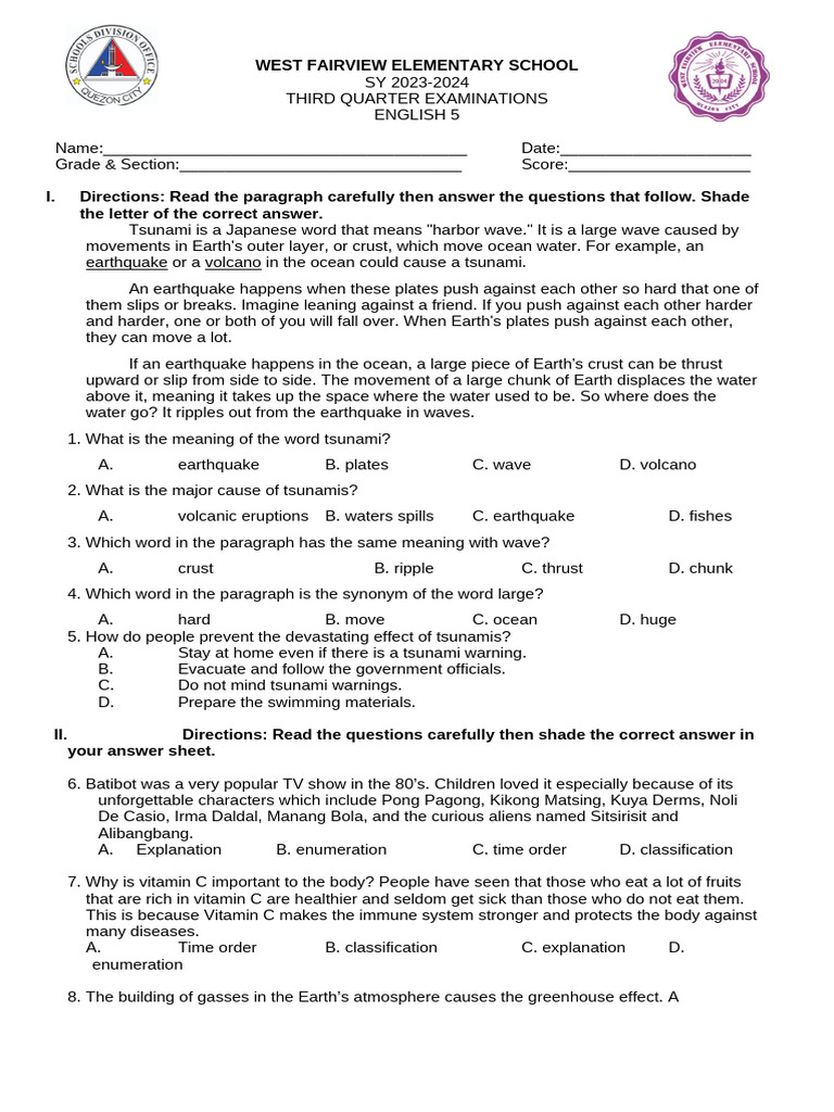 Grade 5 - 3RD Quarter Exam in English | PDF