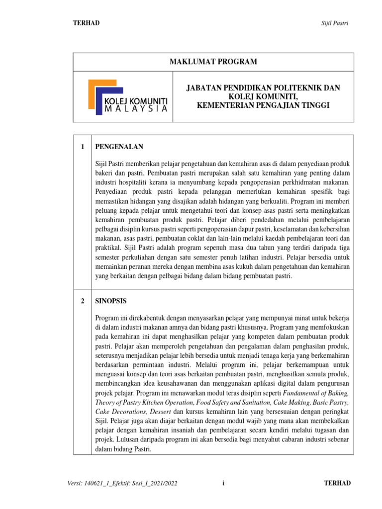 Struktur Program Sijil Pastri | PDF