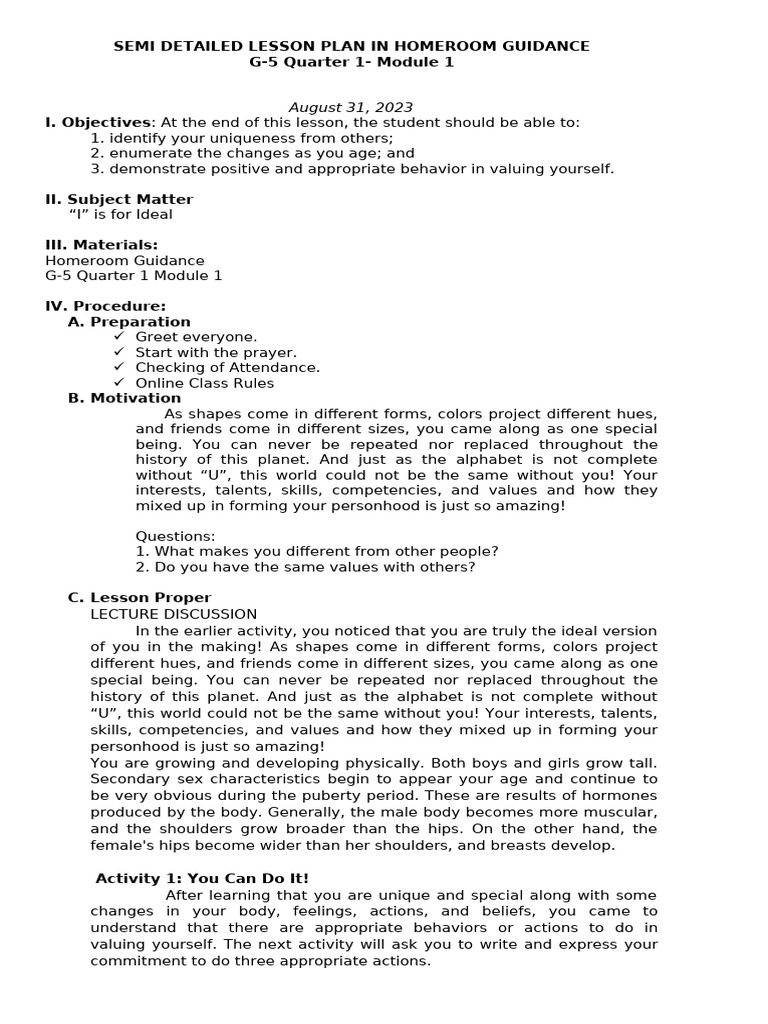August 31, 2023: Semi Detailed Lesson Plan in Homeroom Guidance G-5 ...