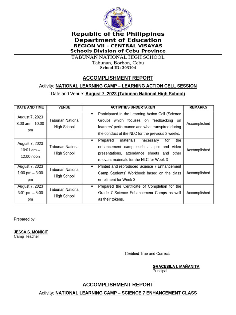 Accomplishment Report NLC Week 3 | PDF