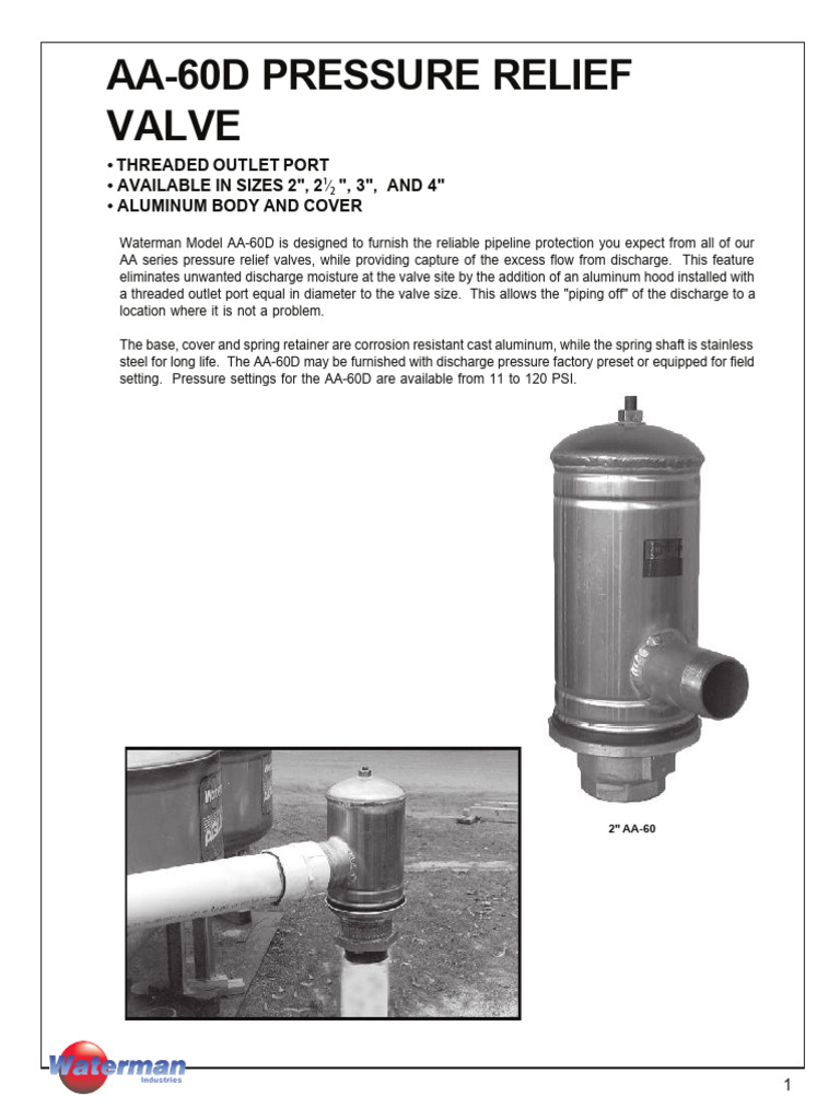 Aa-60D Pressure Relief Valve: Threaded Outlet Port Available in Sizes 2 ...