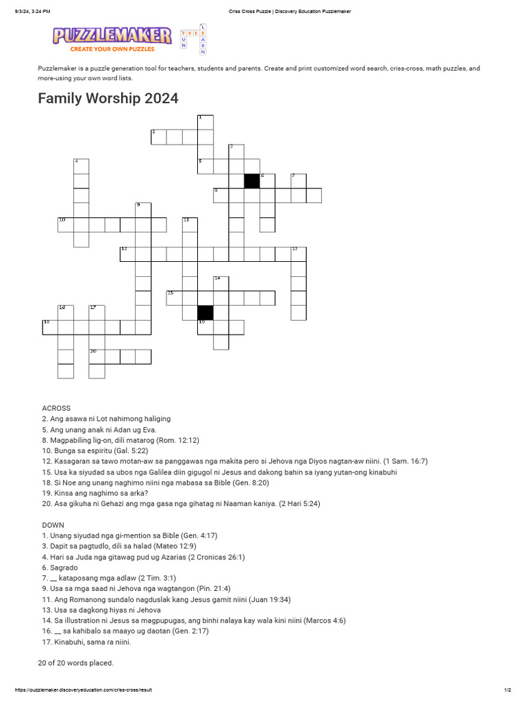 Criss Cross Puzzle - Discovery Education Puzzlemaker 01 | PDF